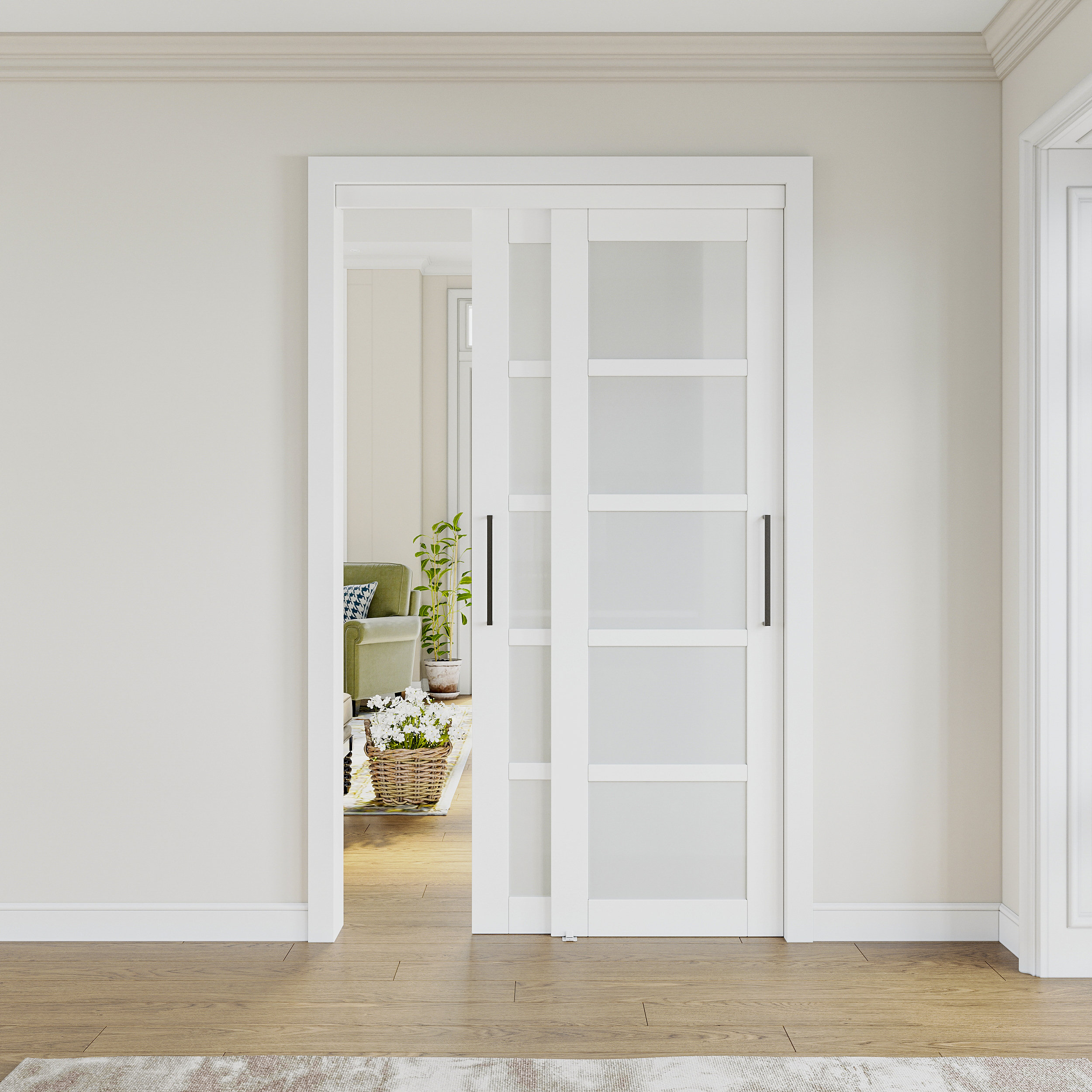 ARK DESIGN [Easy-Slide Bow-Shaped Handle] 80-Inch 5-Panel Frosted Glass ...